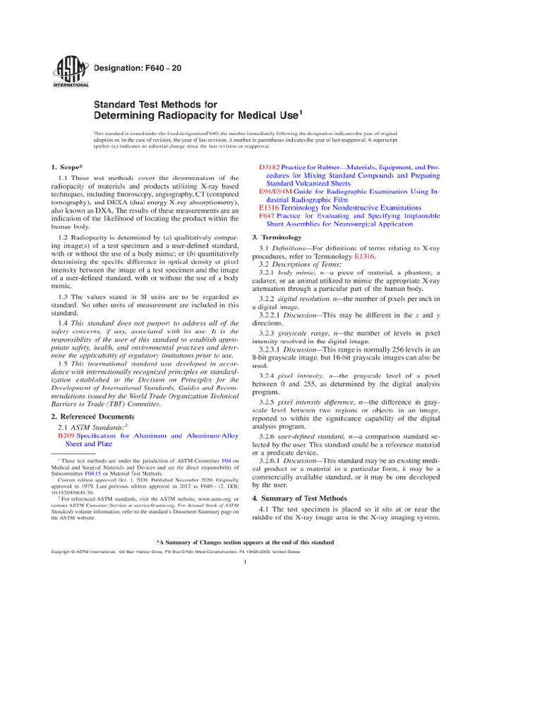 ASTM F 640-20 Standard Test Methods For Determining Radiopacity For ...