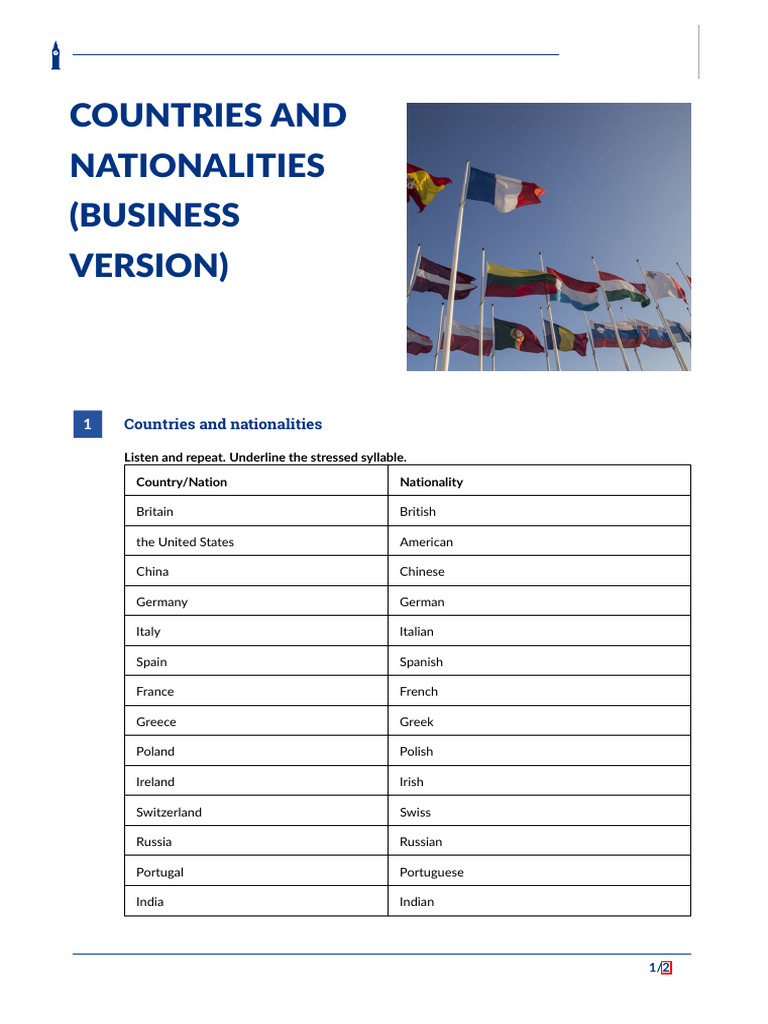 Countries and Nationalities Business Version British English Student | PDF