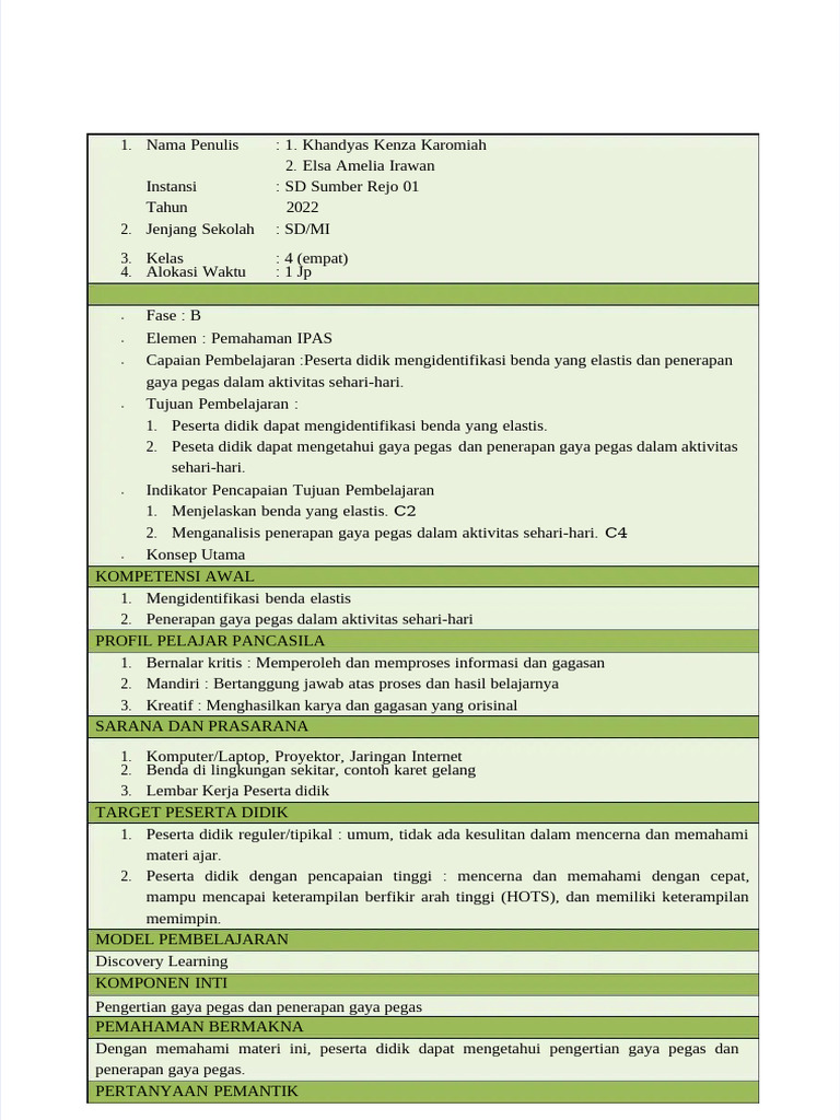 PDF Modul Ajar Ipa Benda Yang Elastis Dyas Dan Elsa | PDF
