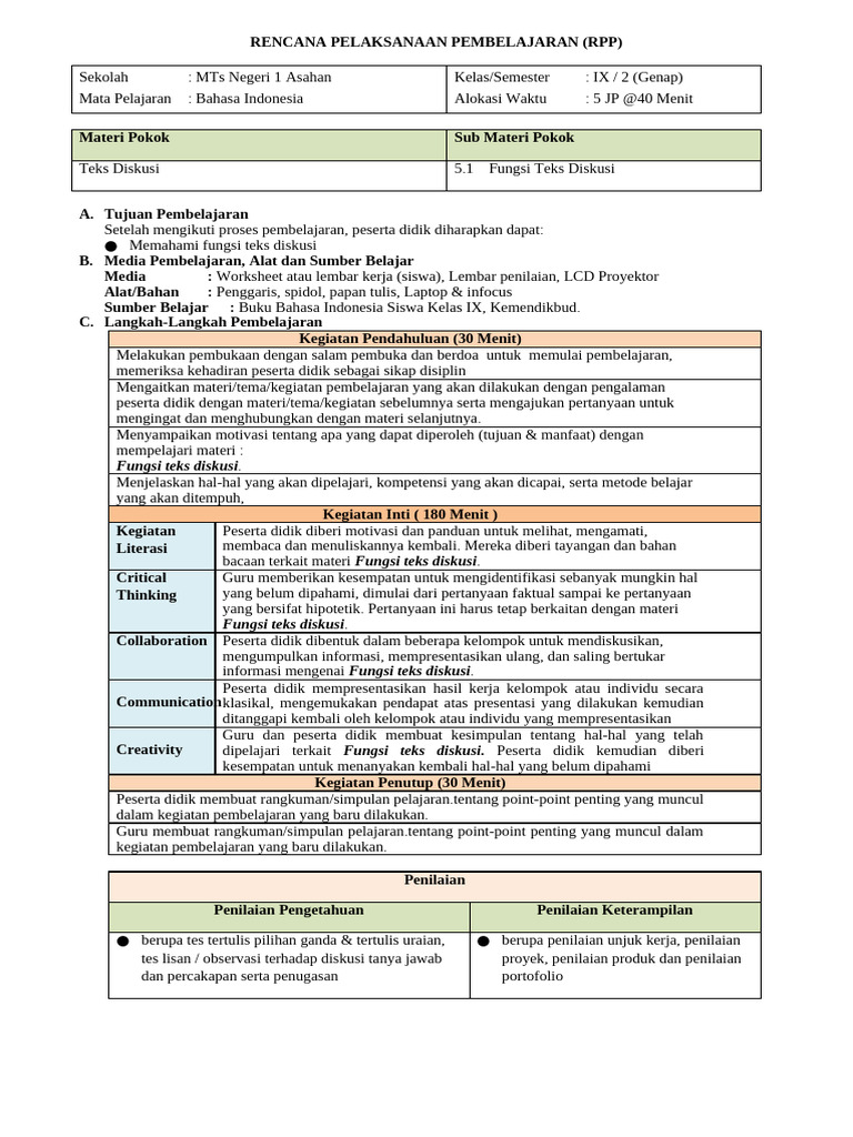 RPP Guru Sekali 1 Lembar Bi Kelas 9 Sem 2 | PDF