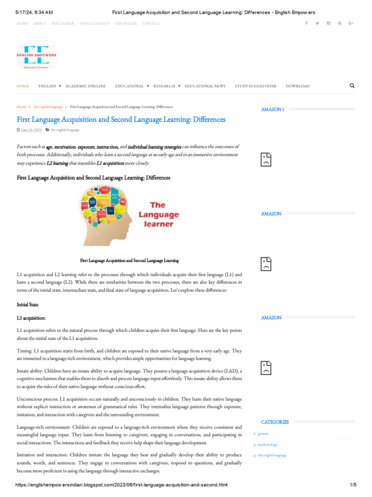 First Language Acquisition and Second Language Learning - Differences ...