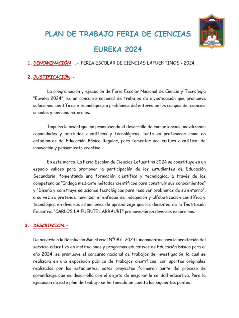 PLAN DE TRABAJO FERIA DE CIENCIAS - Eureka 2024 (1) 2 | PDF