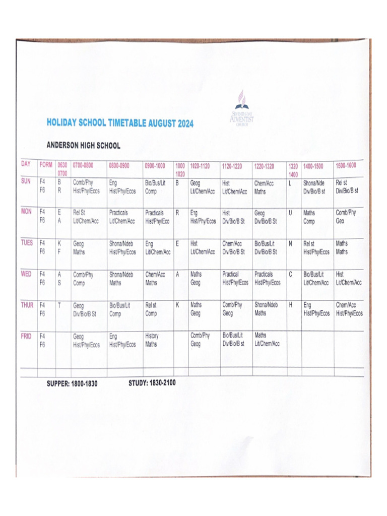 Holiday School Timetable August 2024 | PDF