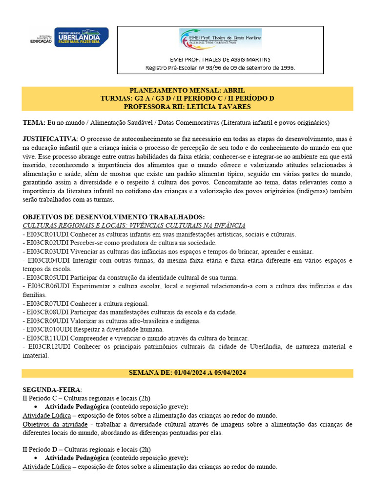 04 Planejamento Mensal Abril Leticia Tavares | PDF