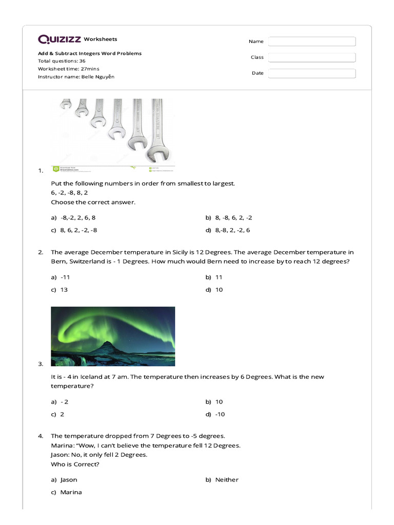 Add & Subtract Integers Word Problems - Quizizz | PDF