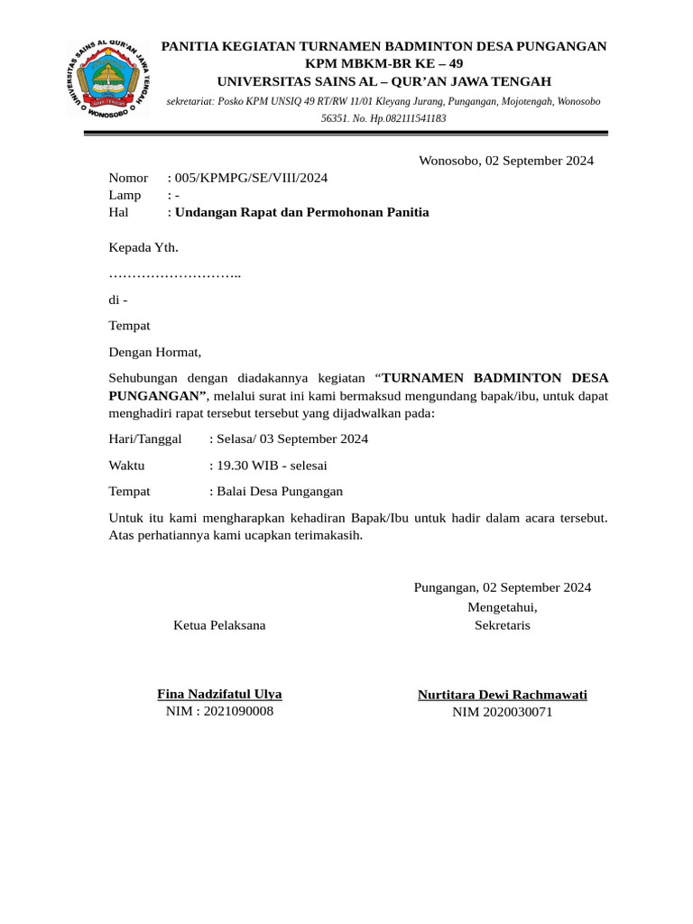 Undangan RAPAT TURNAMEN BADMINTON | PDF