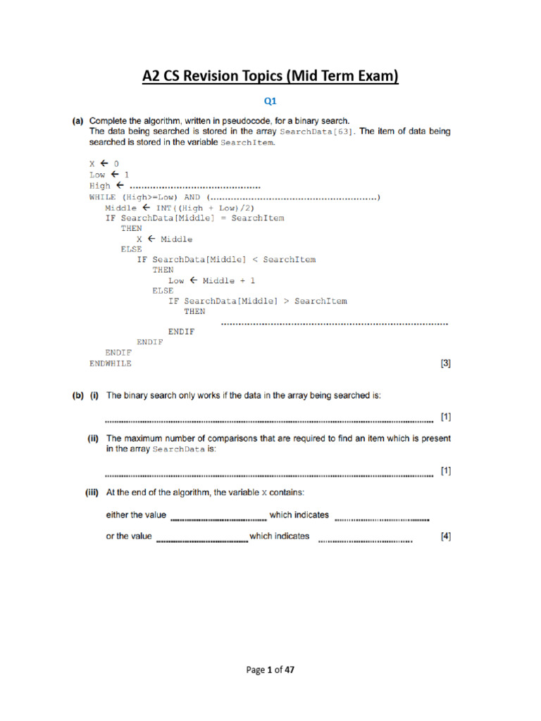 A2 CS Revision Topics (Mid Term Exam) | PDF