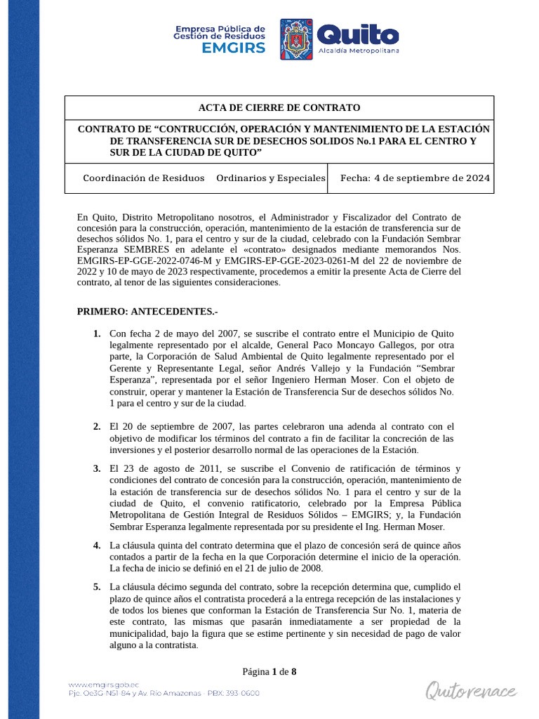 ACTA de Cierre de Contrato | PDF