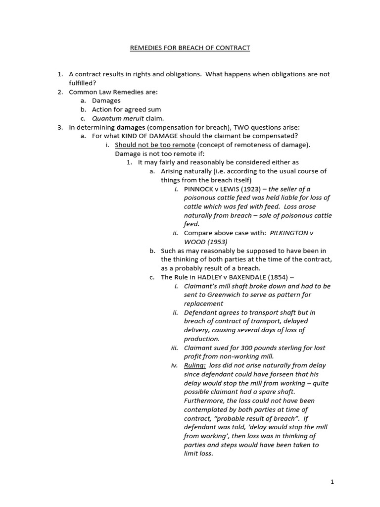 Remedies For Breach of Contract | PDF | Damages | Breach Of Contract