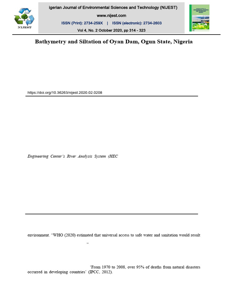 Bathymetry and Siltation of Oyan Dam, Ogun State, Nigeria | PDF