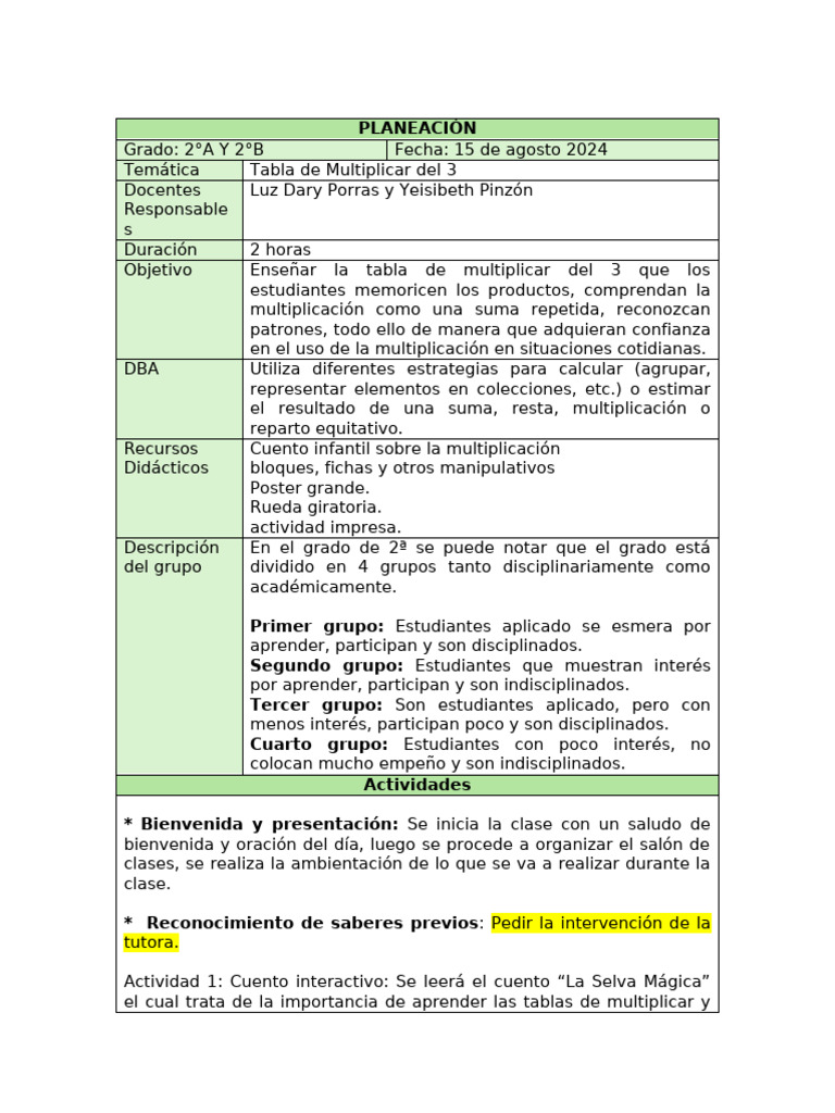 Plan de Clase: Tabla del 3 para 2° grado | PDF | Multiplicación
