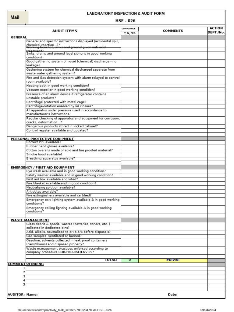 HSE-026 - Lab Inspection & Audit Form | PDF