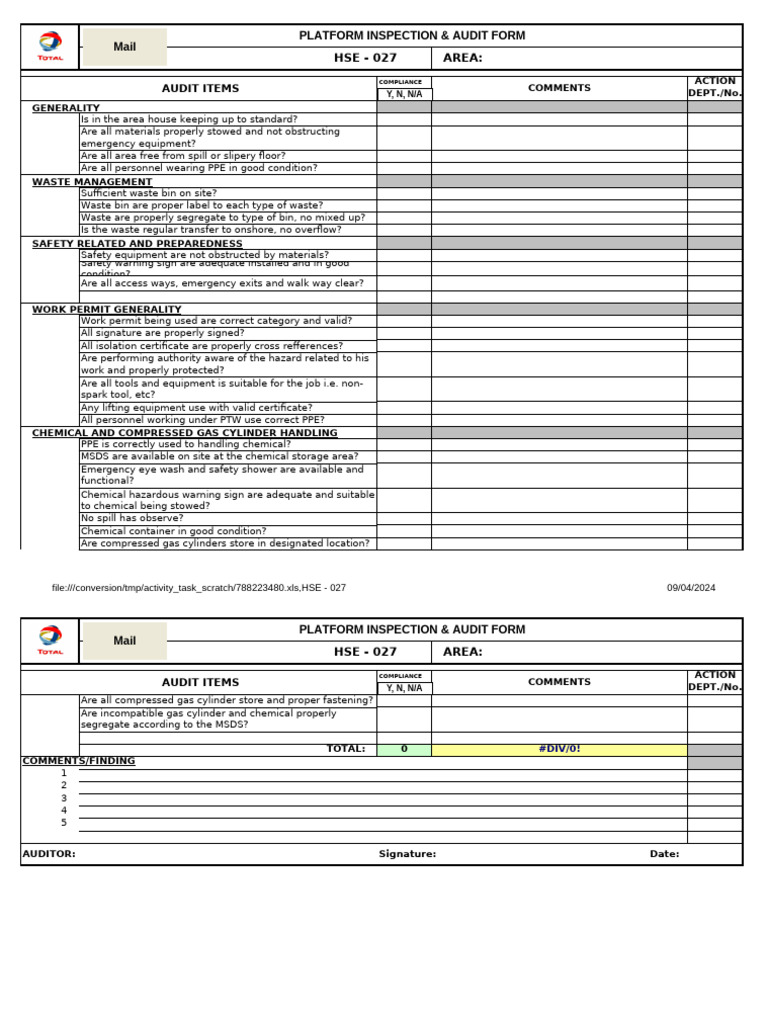 HSE-027 - Platform Inspection Checklists | PDF