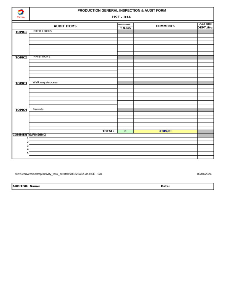HSE-034 - Production General Inspection & Audit Form (In Pro | PDF