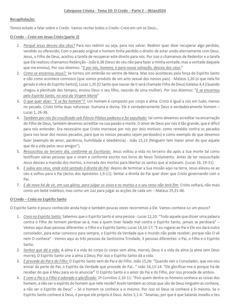 Catequese Crisma - Tema 10 - O Credo - Parte 2 | PDF