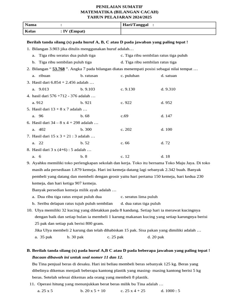 Sumatif Matika Kelas 4 Bab Bilangan Cacah | PDF