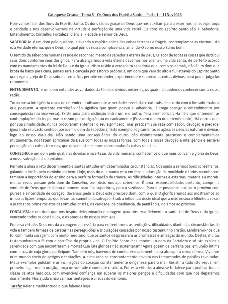 Catequese Crisma - Tema 5 - Os Dons Do Espírito Santo - Parte 1 - 11nov2023 | PDF