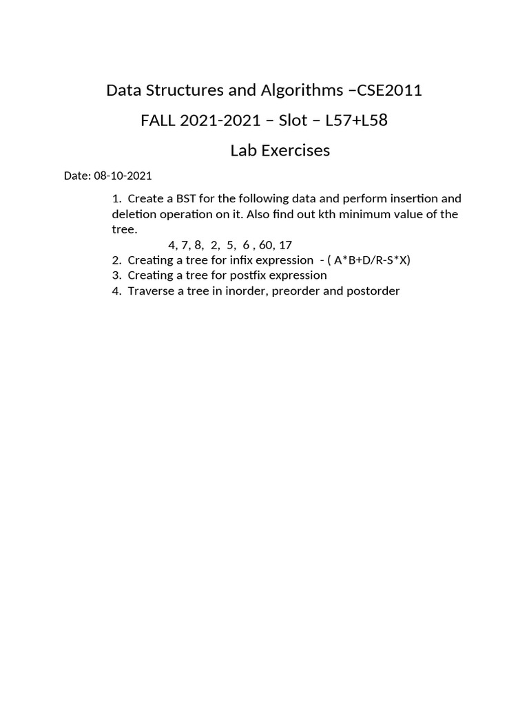 Data Structures and Algorithms - CSE2011 FALL 2021-2021 - Slot - L57 ...