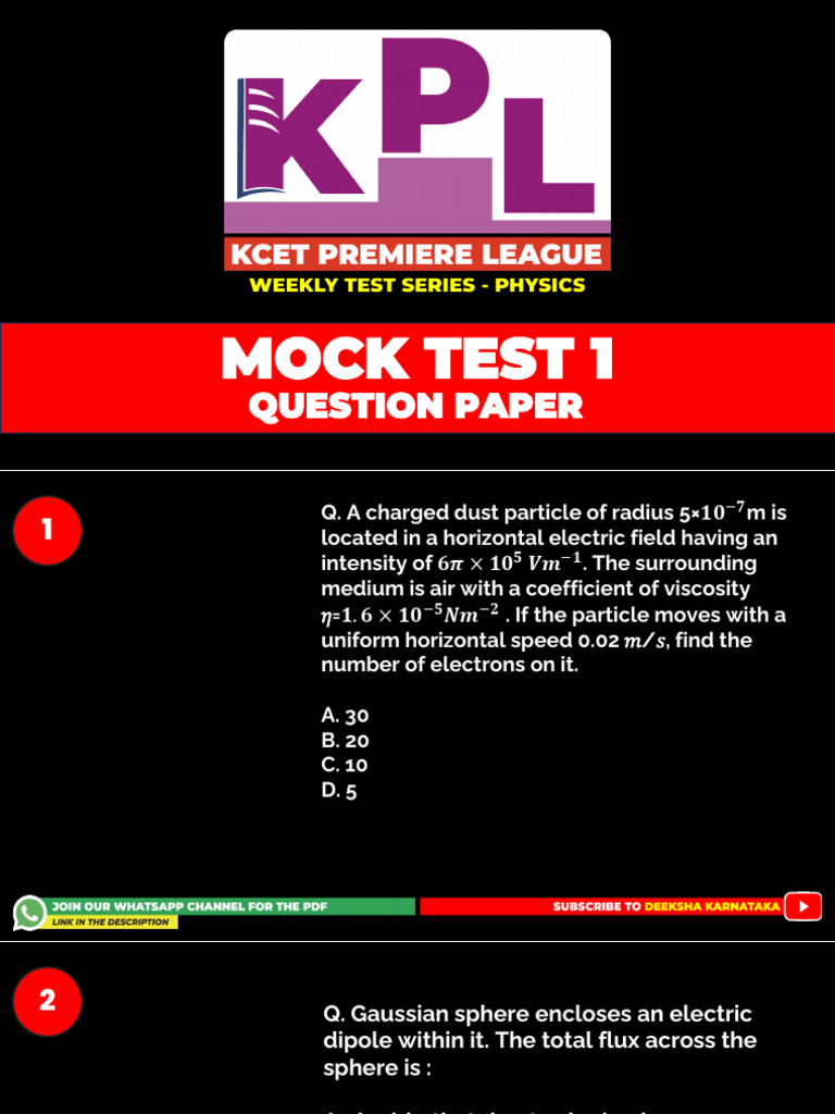 KCET 2024 Physics Weekly Test Serie Mock Test 1 Paper | PDF | Electric ...