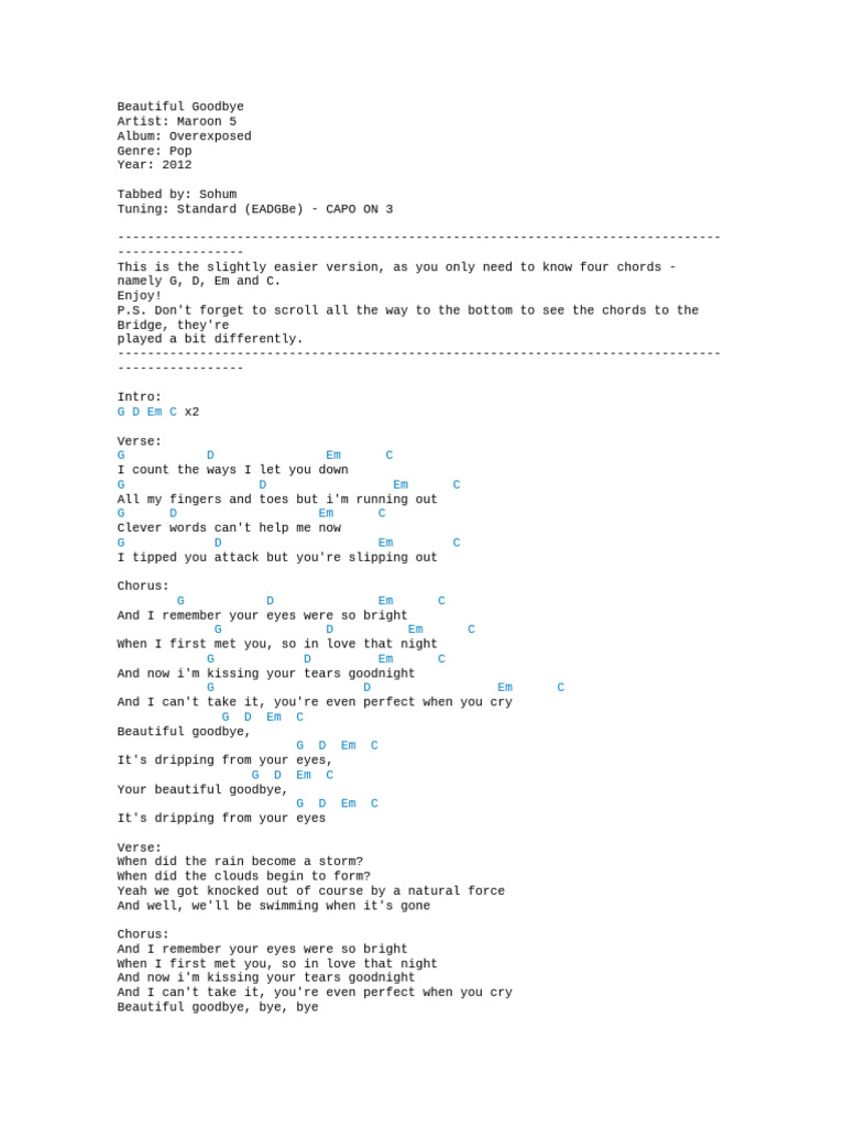 Beautiful GoodBye Chords & Lyrics | PDF