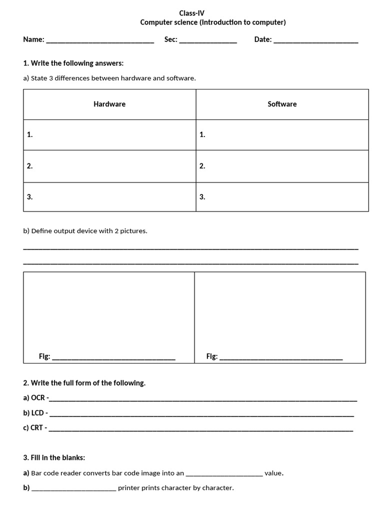 Introduction To Computer Worksheet | PDF