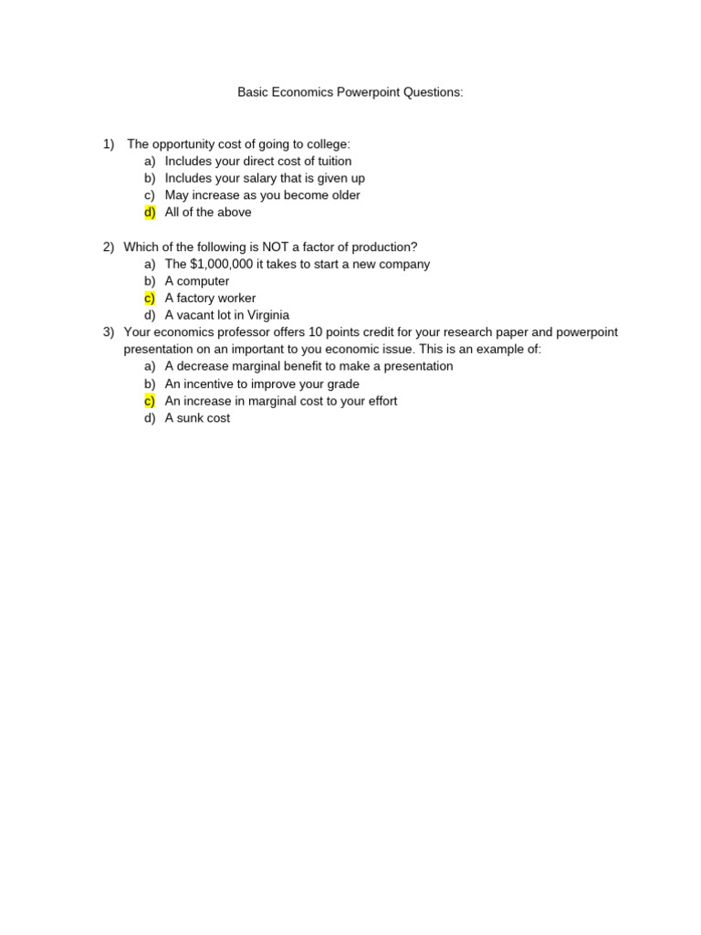 Basic Economic Powerpoint Questions | PDF