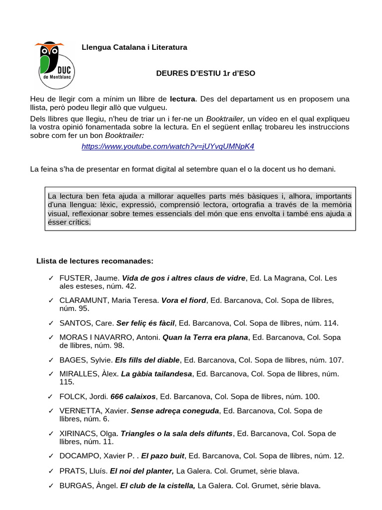 Fitxa de Lectura Català 1r Deso | PDF