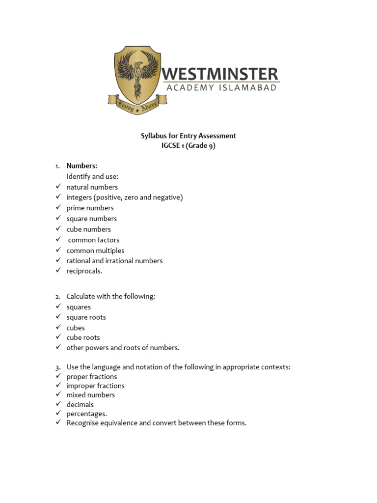 Syllabus for Entry Assessment - IGCSE I | PDF