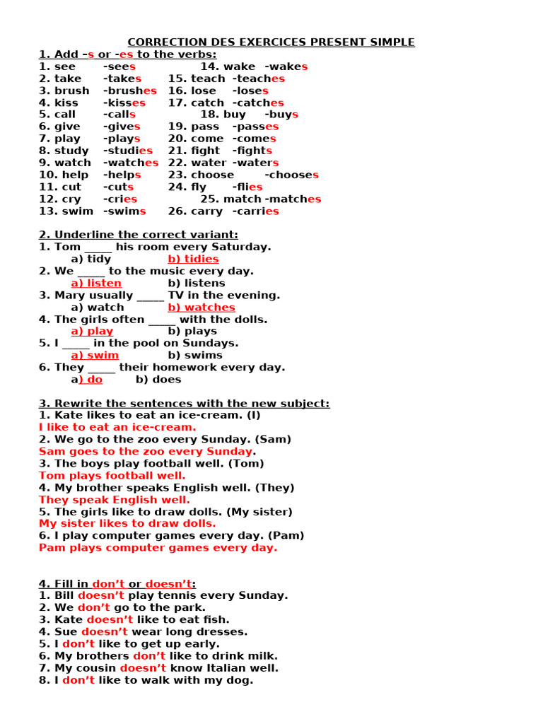 Correction Des Exercices Present Simple | PDF