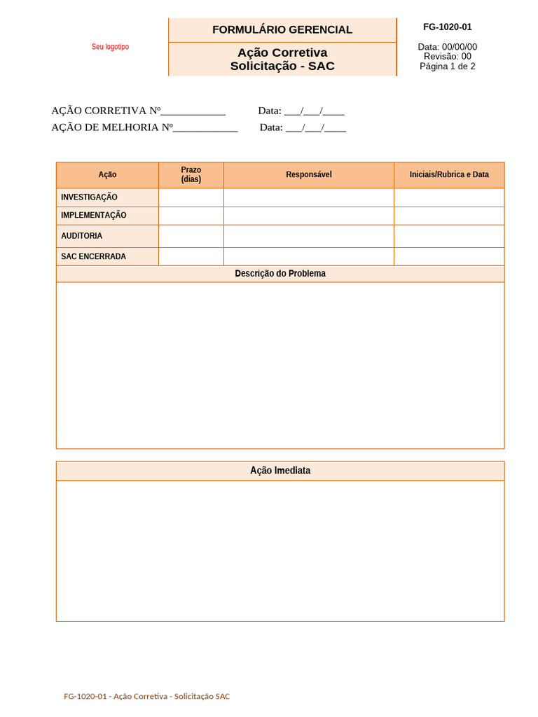 FG-1020-01 - Ação Corretiva - Solicitação SAC | PDF