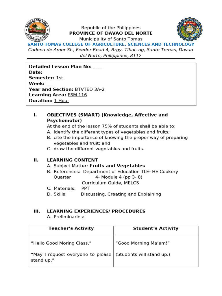 Detailed Lesson Plan Sample | PDF | Foods | Vegetables