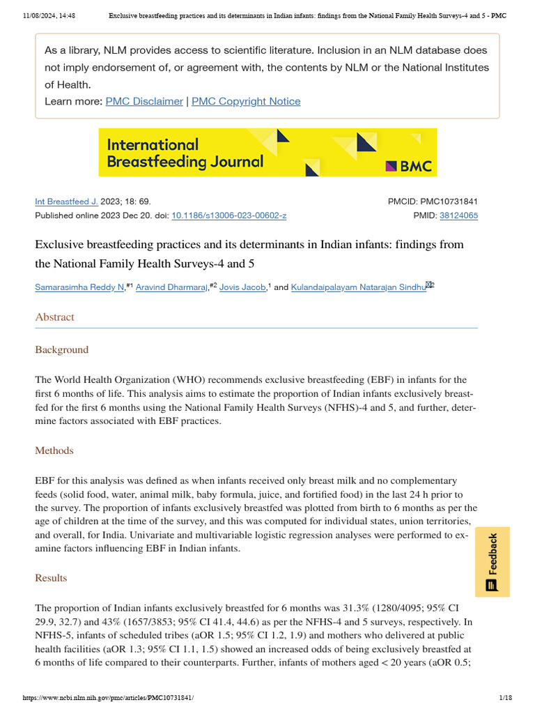 Exclusive Breastfeeding Practices And Its Determinants In Indian