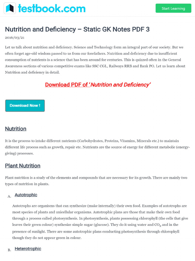 Nutrition and Deficiency Static Gk Notes PDF 3 Cf4b0f6b | PDF