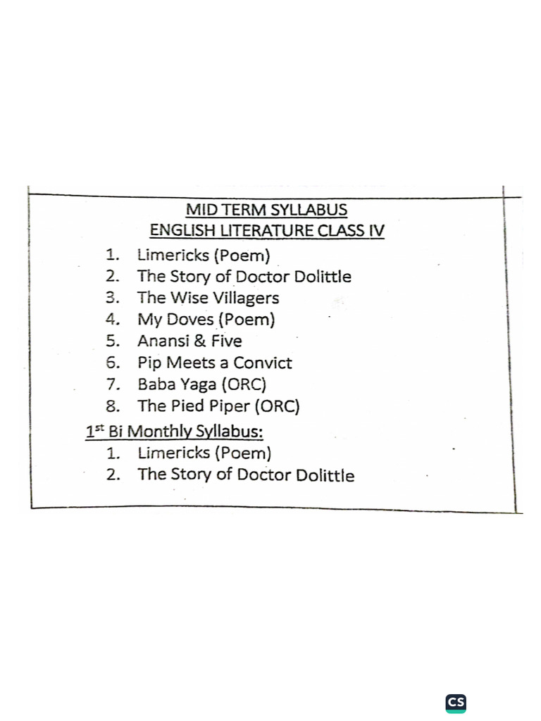 English Lit - Class IV. | PDF