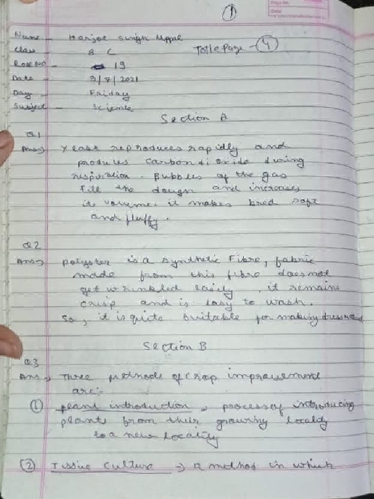 Science Exam Done by Harjot Singh Uppal Class 8 C Roll No 19 | PDF