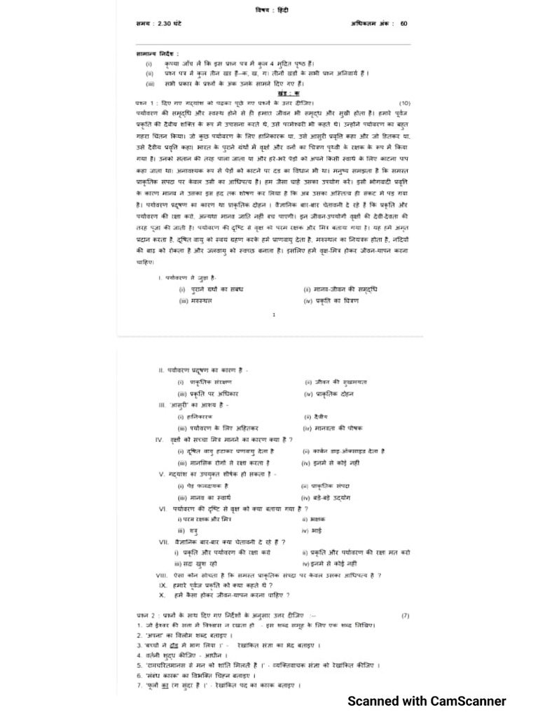 Hindi Sample Question Paper | PDF