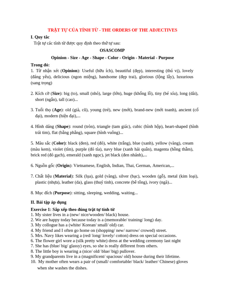 BTVN Trật Tự Tính Từ | PDF