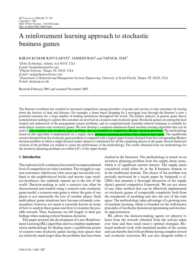 3 - A Reinforcement Learning Approach To Stochastic Business Games | PDF