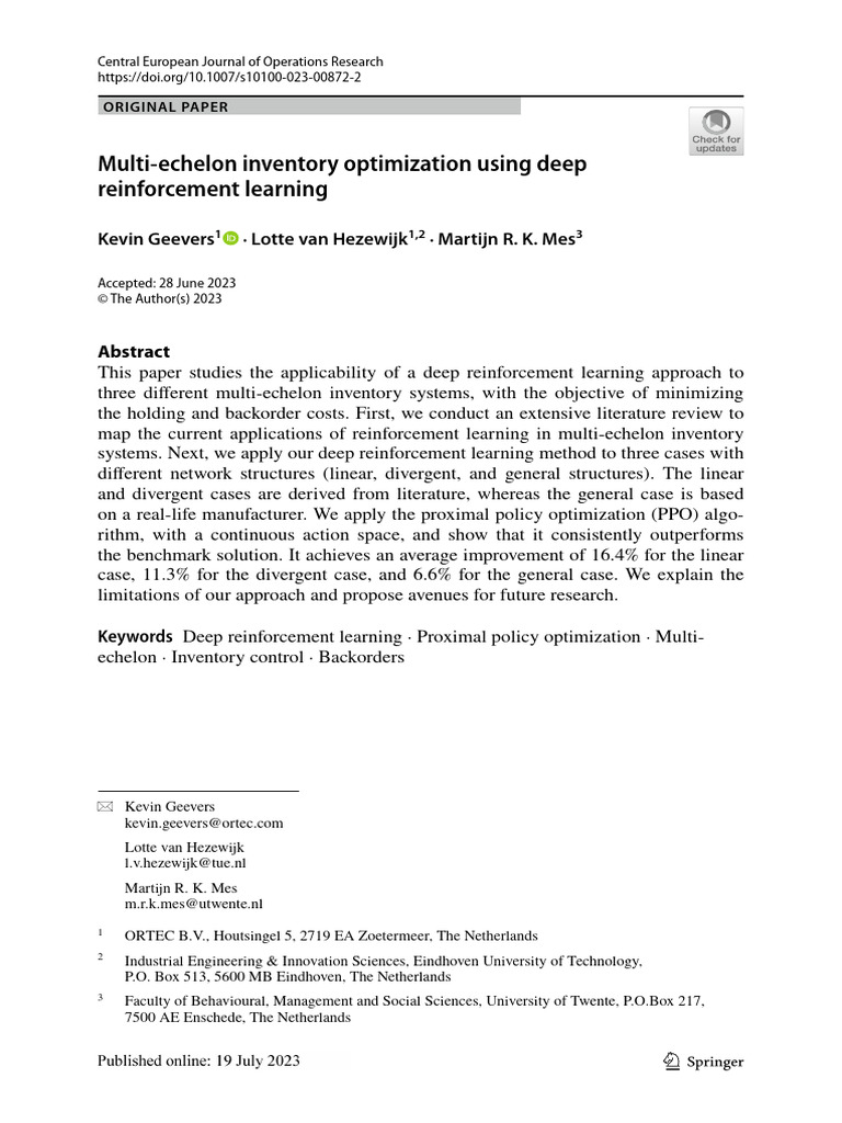 13 Multi Echelon Inventory Optimization Using Deep Reinforcement Learning Pdf
