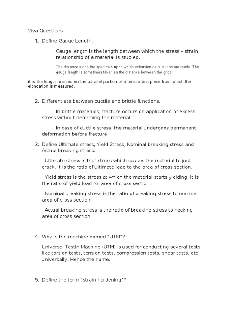 Viva Questions | PDF | Fracture | Yield (Engineering)