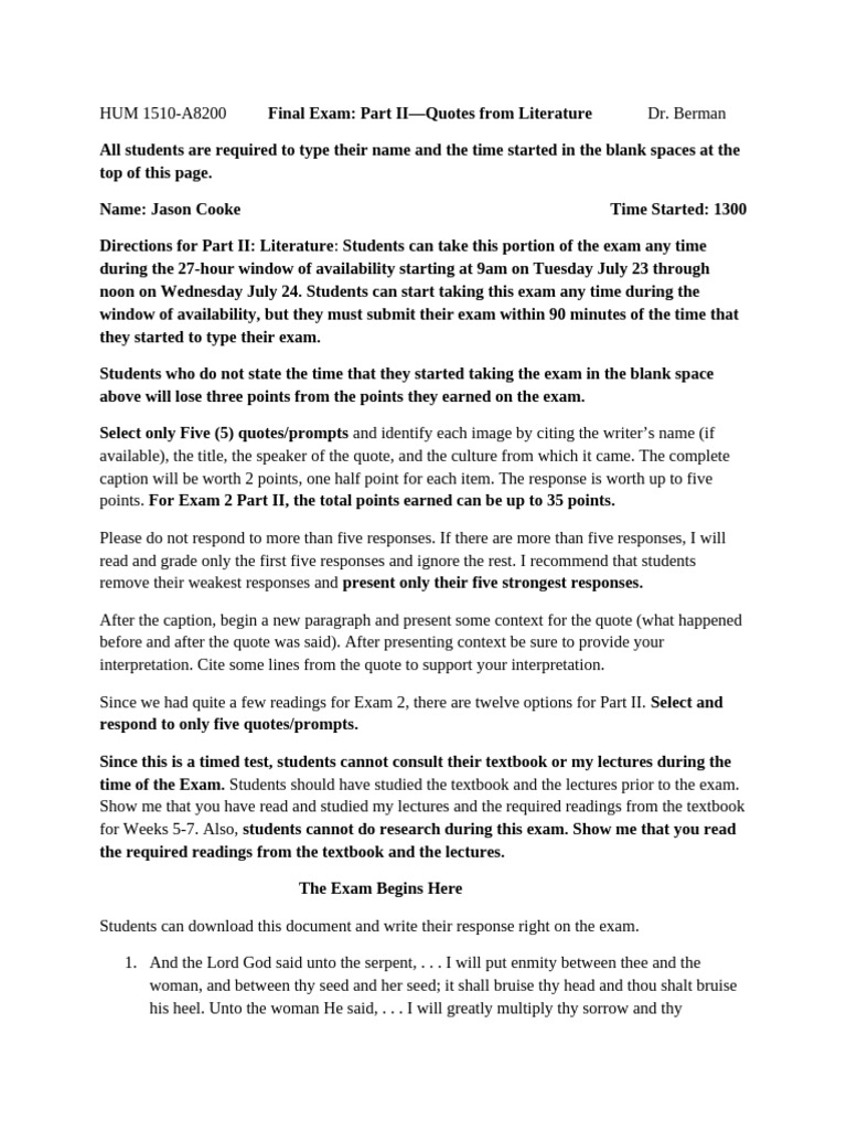 HUM 1510 Final Exam Part II Su 2024 | PDF