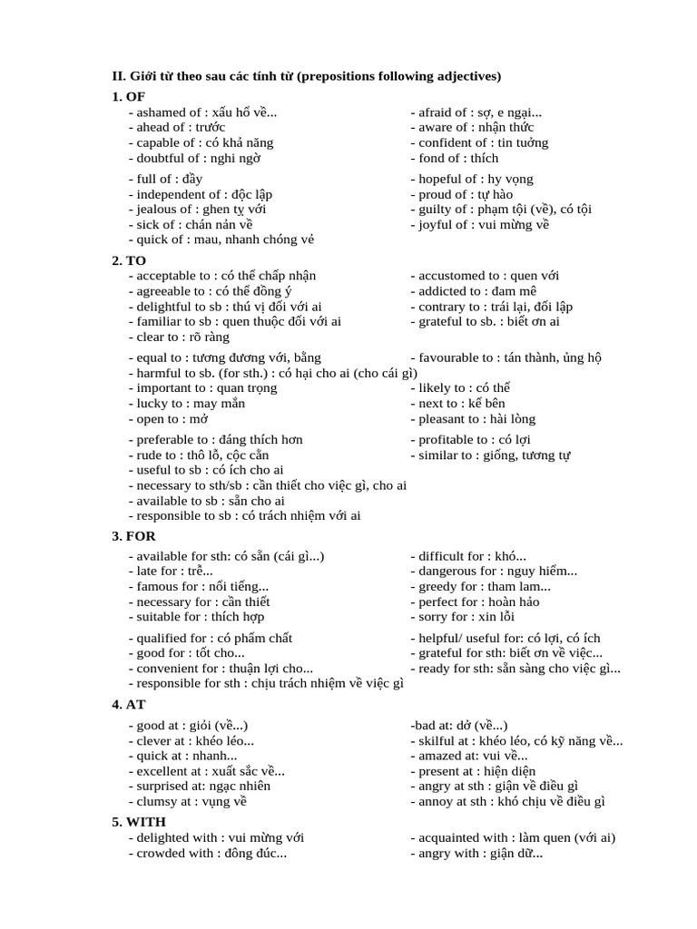 II. Gi I T Theo Sau Các Tính T (Prepositions Following Adjectives) 1. OF | PDF