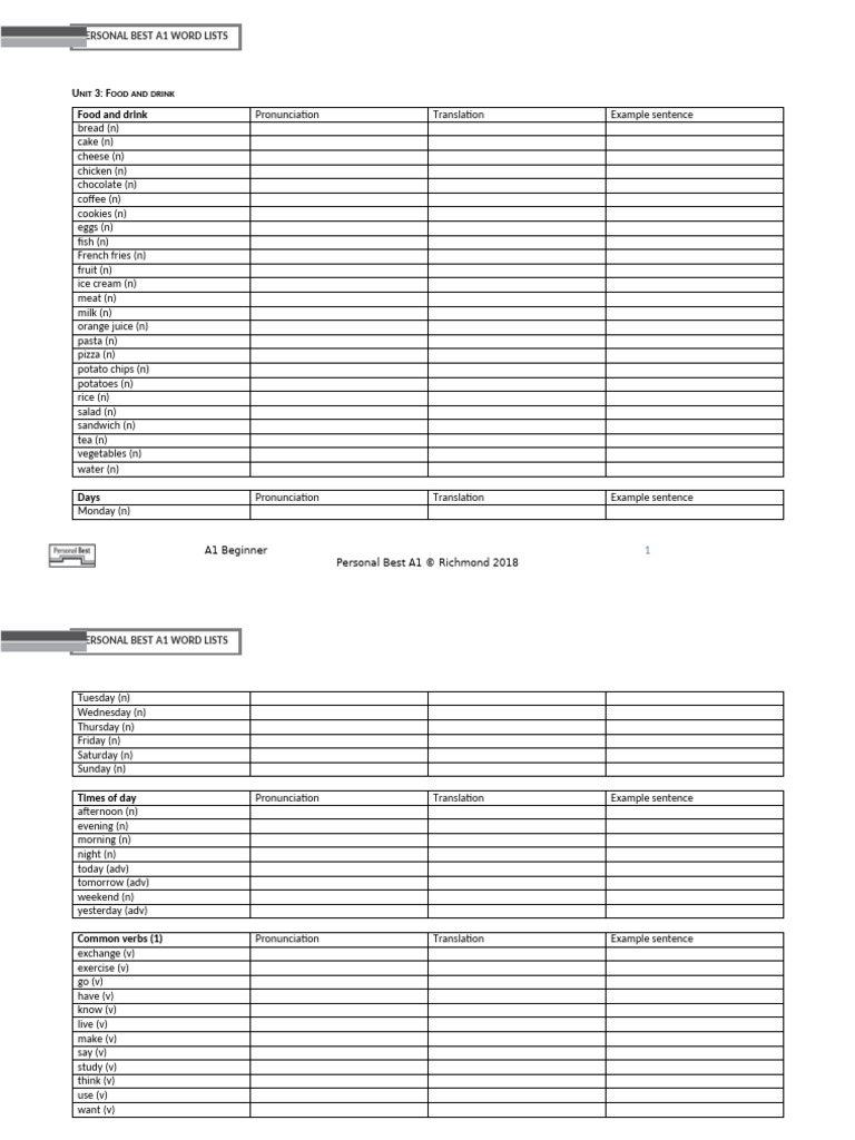 PB AmE A1 Word List U3 | PDF