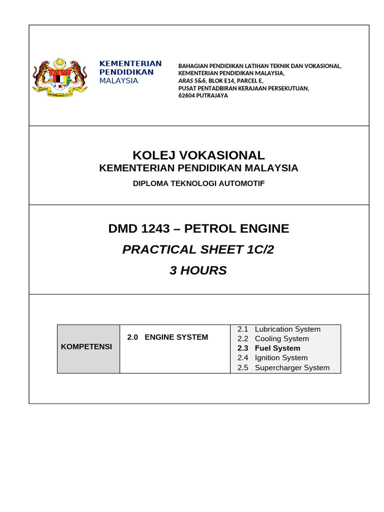 Practical Sheet 1C - Fuel System | PDF