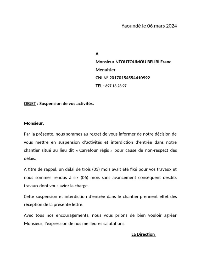 Lettre Du Suspension de Travail Belibi | PDF