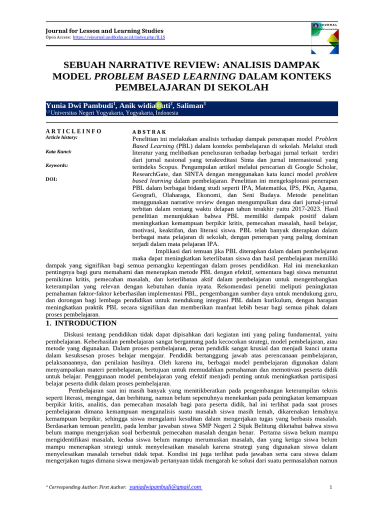 REVISI 4 - Yunia Dwi Pambudi - Analisis Dampak Model Problem Based Learning Dalam Konteks ...