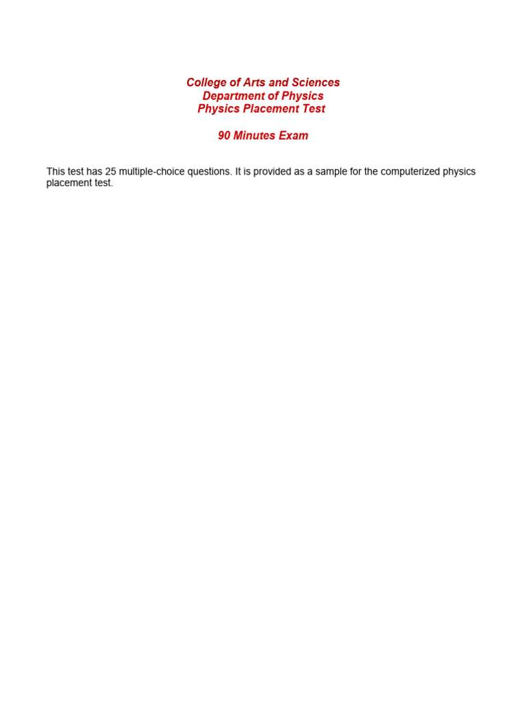 Physics Placement Test Sample 3 | PDF