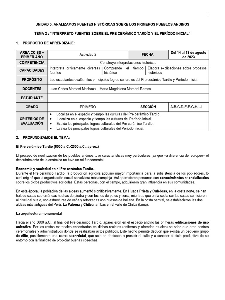 ACTIVIDAD 19 EL PRECERÁMICO TARDÍO Y EL PERÍODO INICIAL | PDF