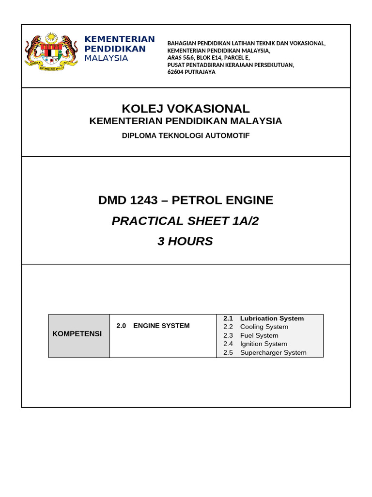 Practical Sheet 1a - Engine Lubricating System | PDF
