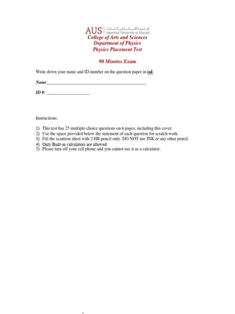 Physics Placement Test Sample 1 2024 | PDF